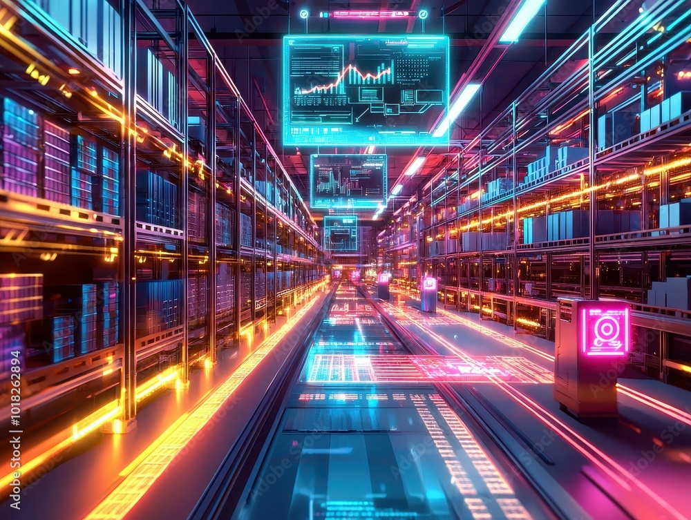 Digital automated warehouse with neon interfaces, representing AI ...
