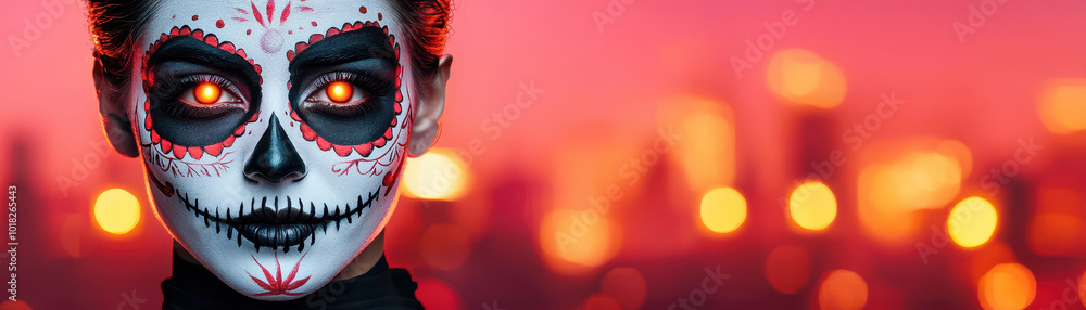 Intricate face painting for Dia de Muertos with glowing eyes, set ...