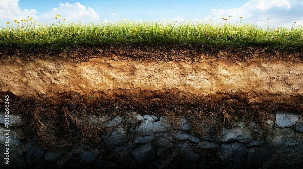 Cross-section of earth with grass growing on top, revealing the rich ...