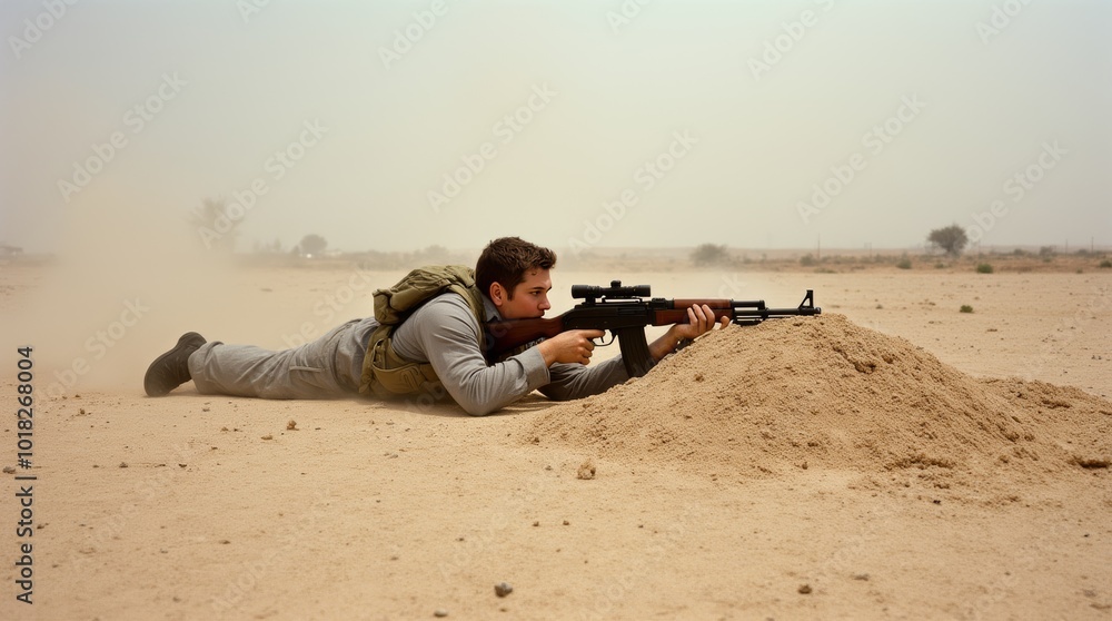 Soldier in Tactical Position Aims Rifle While Lying in Desert ...
