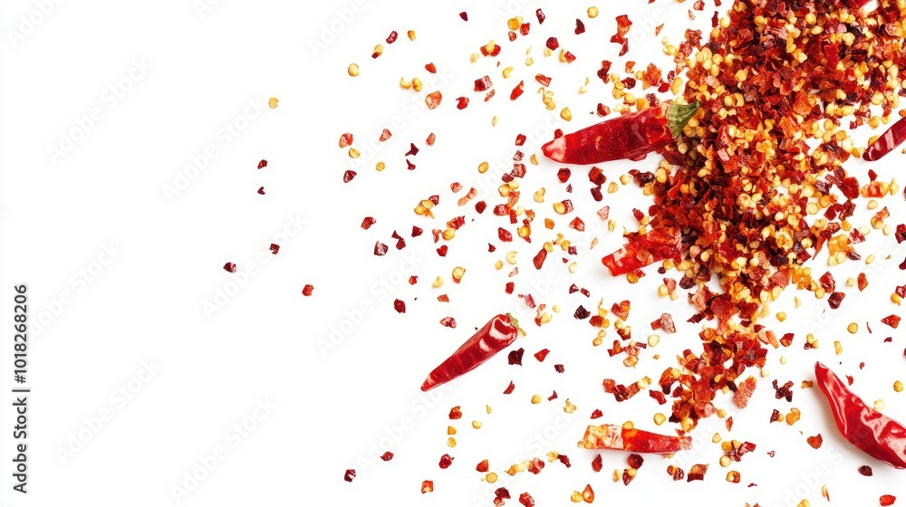Crushed red chili pepper flakes and seeds scattered across a white ...