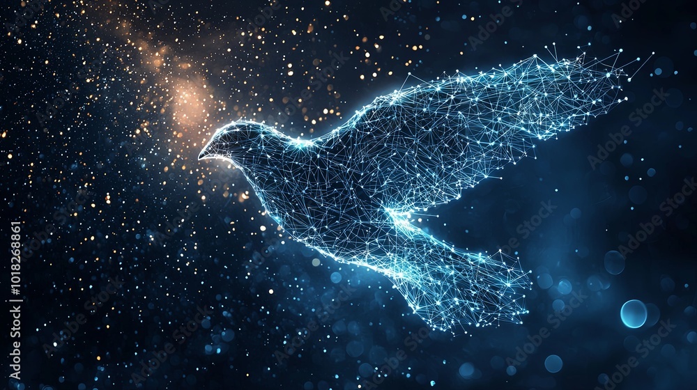 A bird made of constellations and star-like connections flies ...