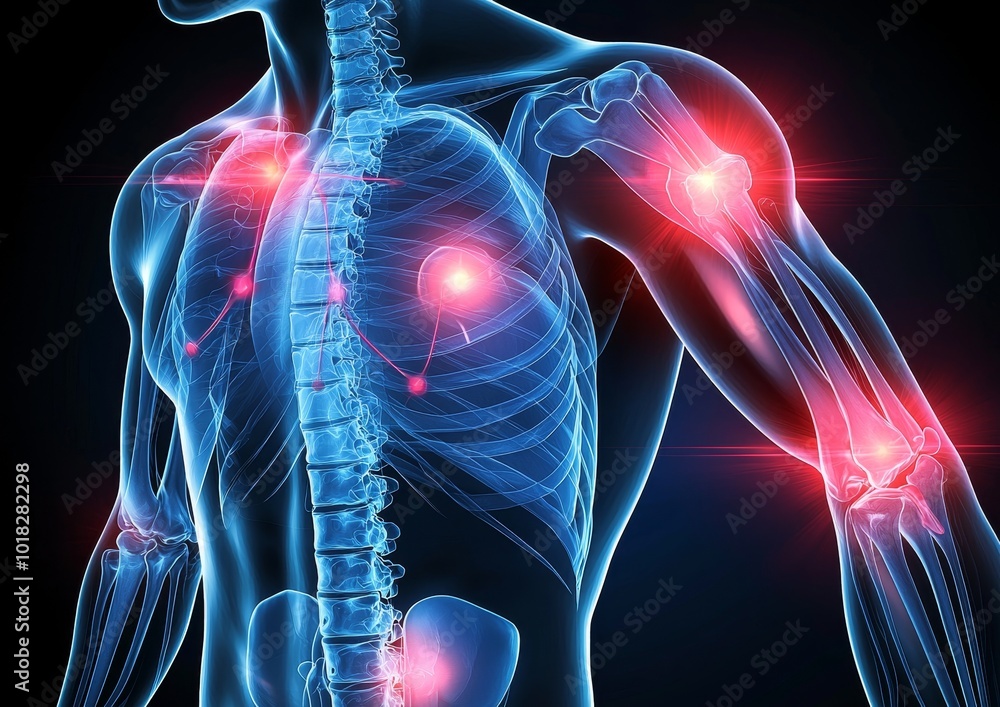 Human anatomy with highlighted areas of pain in a detailed x-ray ...