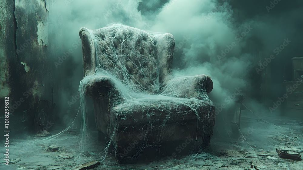 An office chair covered in spider webs with a scary atmosphere. The ...
