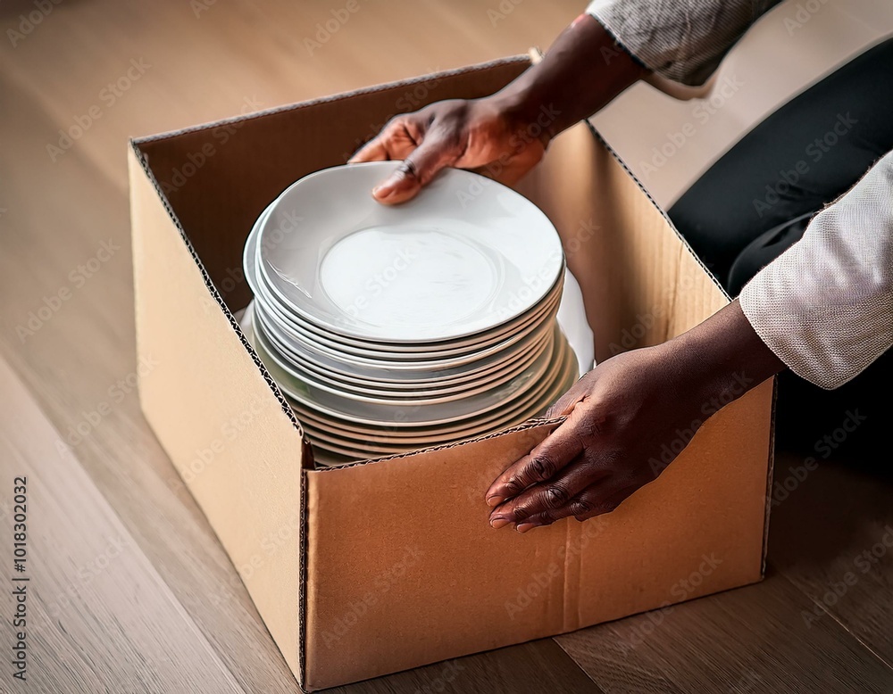 hands carefully stacking plates into a cardboard moving box ...