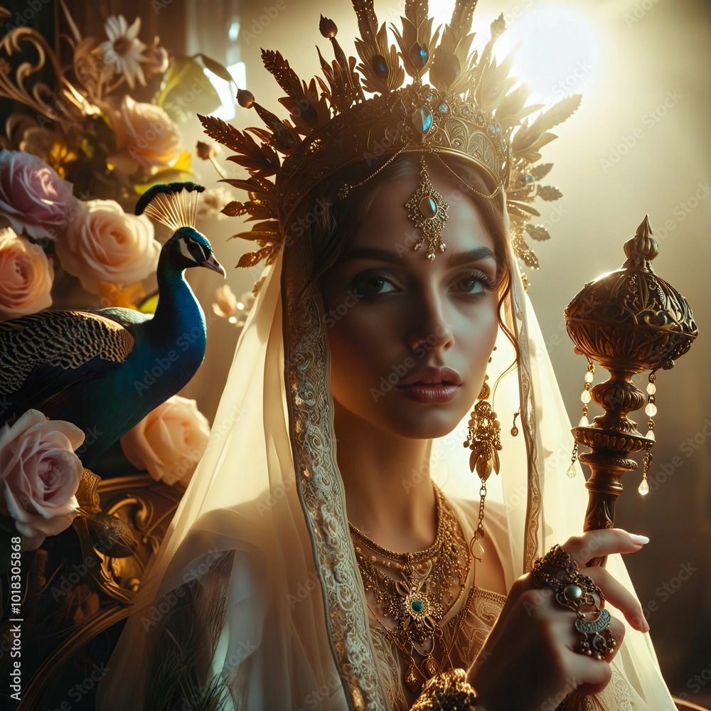 Hera, the queen goddess of marriage, woman and childbirth in golden robes, holding a scepter ...