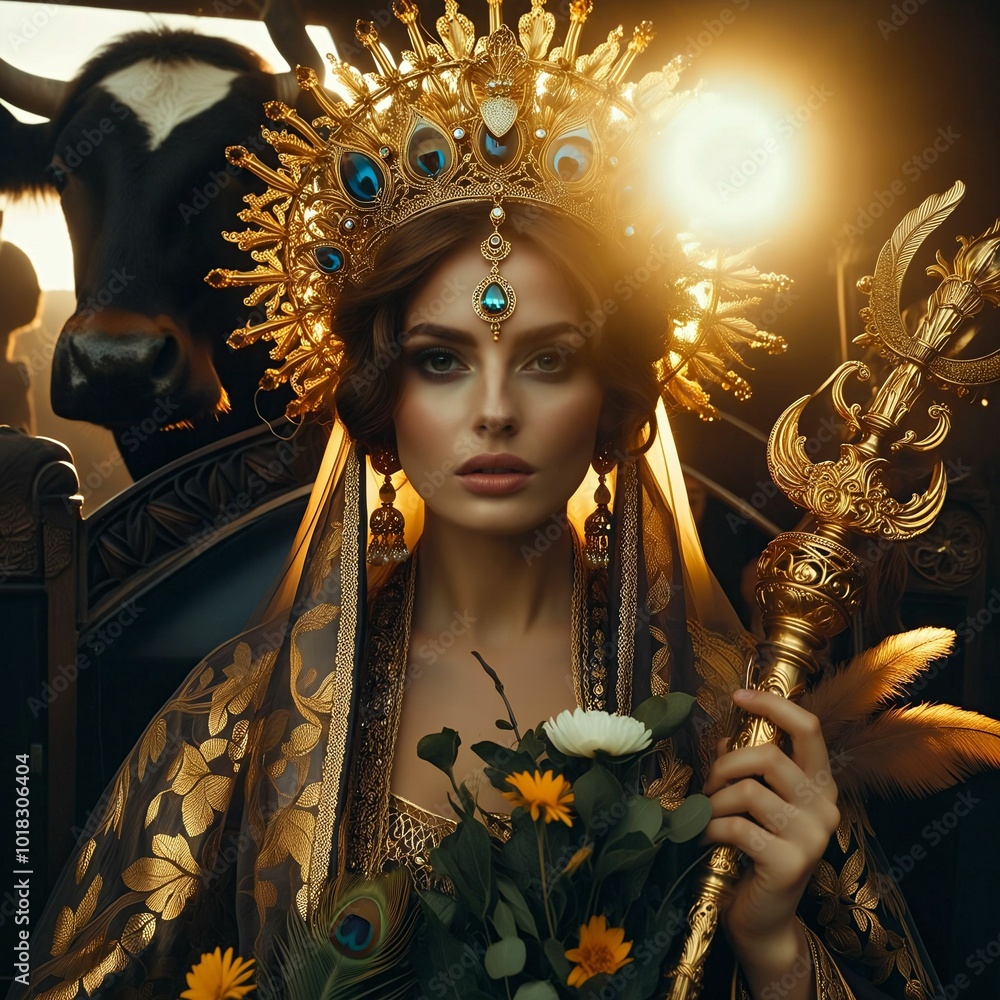 Hera, the queen goddess of marriage, woman and childbirth in golden ...