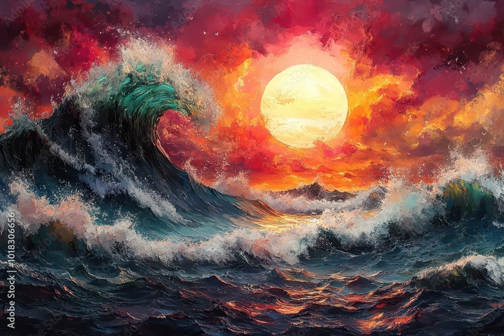great wave crashing in an ocean setting illustrated in a traditional ...