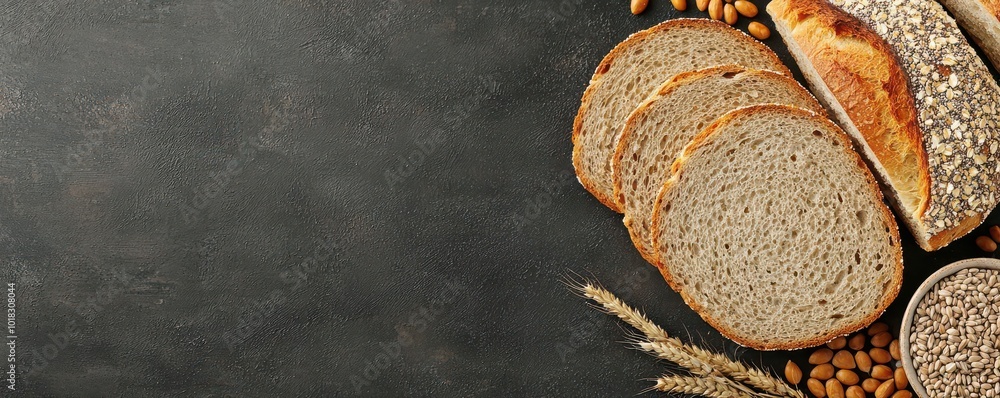 Freshly sliced bread over a dark background, featuring a variety of ...