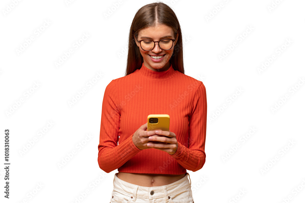 Portrait of happy woman with phone commenting post in social media app ...