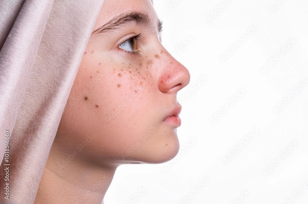 Side view of Teenage girl face with acne problem on isolated background ...