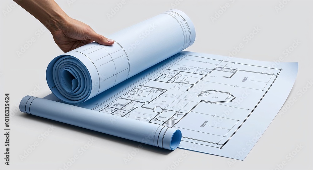 Hand drawing clipart of an architect blueprint rolled up on plain white ...