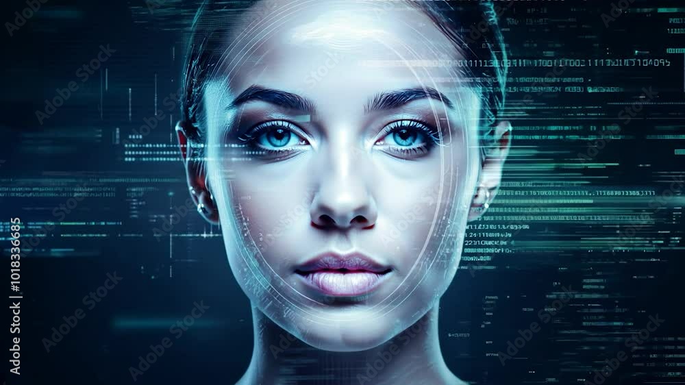 Woman’s face undergoes scanning by a facial recognition system, with ...