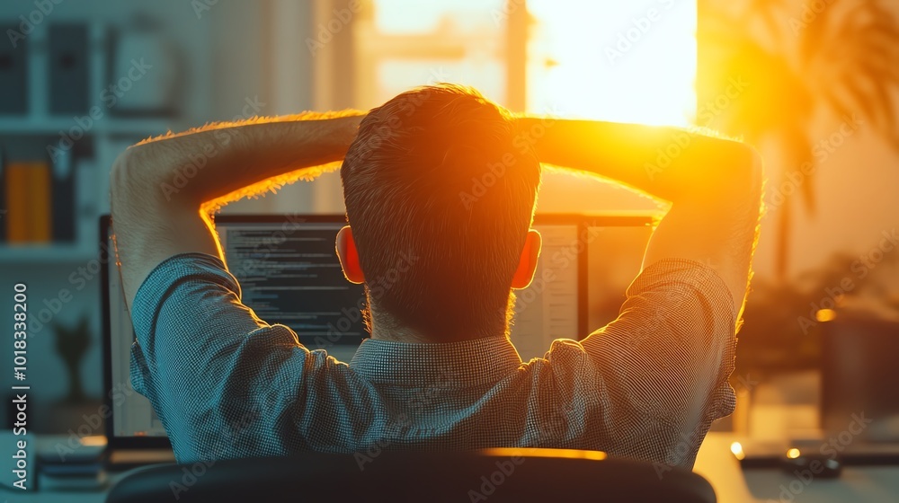 Man stretching with arms overhead at a modern workspace, sunlight ...