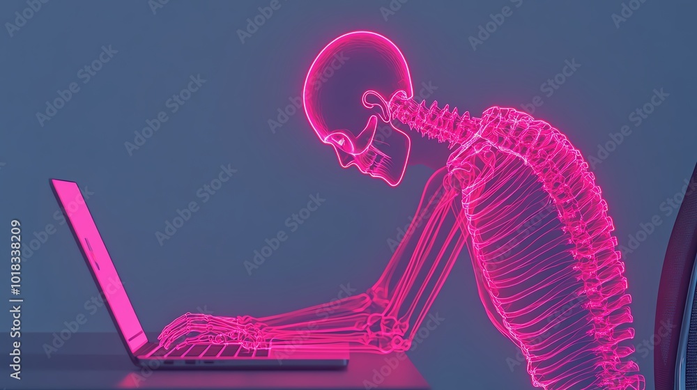 Neon outline of a worker slouched over a laptop, health warning text ...