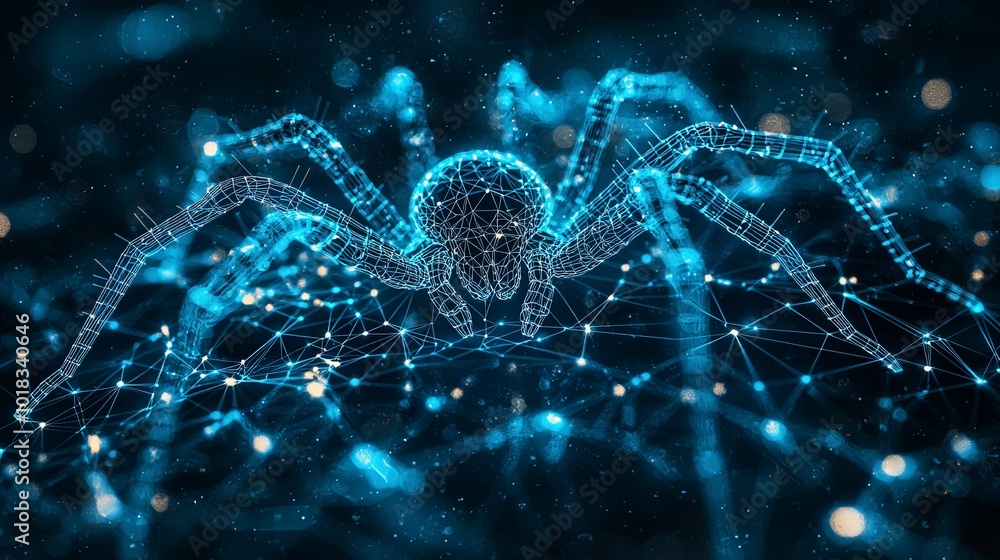 An illuminated spider crafted from digital lines and geometric shapes ...