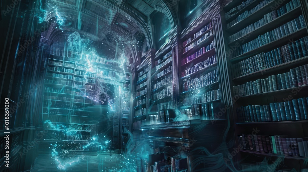 mystical library filled with enchanted shelves and ethereal light ...