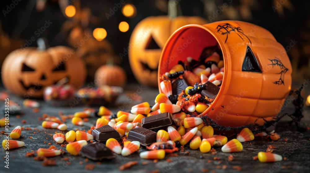 Halloween candy treats, candy corn, chocolate bars and gummy worms ...