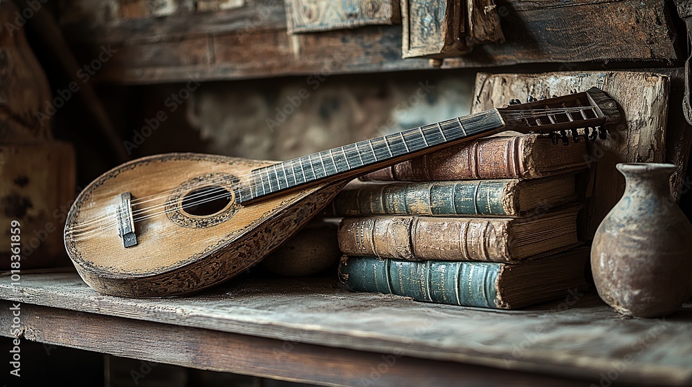 A lovely old lute and ancient books rest gracefully upon a weathered ...