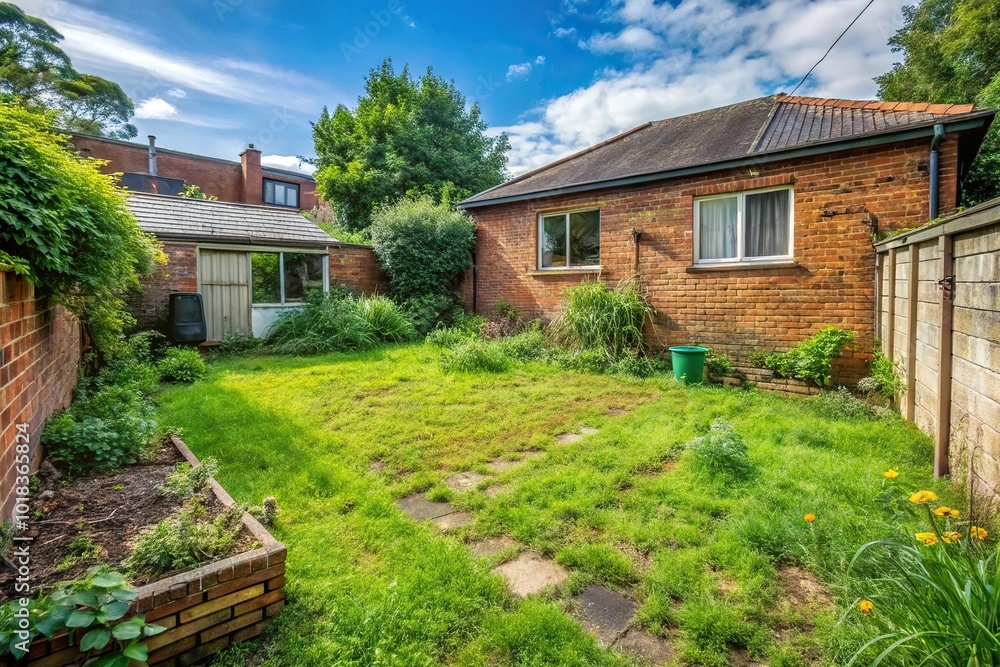 Neglected backyard garden with overgrown grass lawn of residential ...