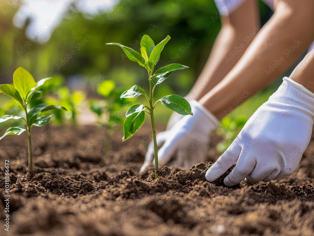 Team of volunteers digging holes and installing new trees, planting ...