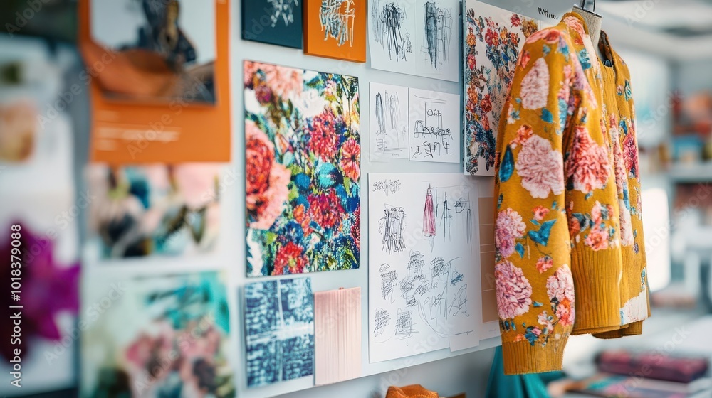 Closeup of a fashion collection mood board with seasonal color palettes ...