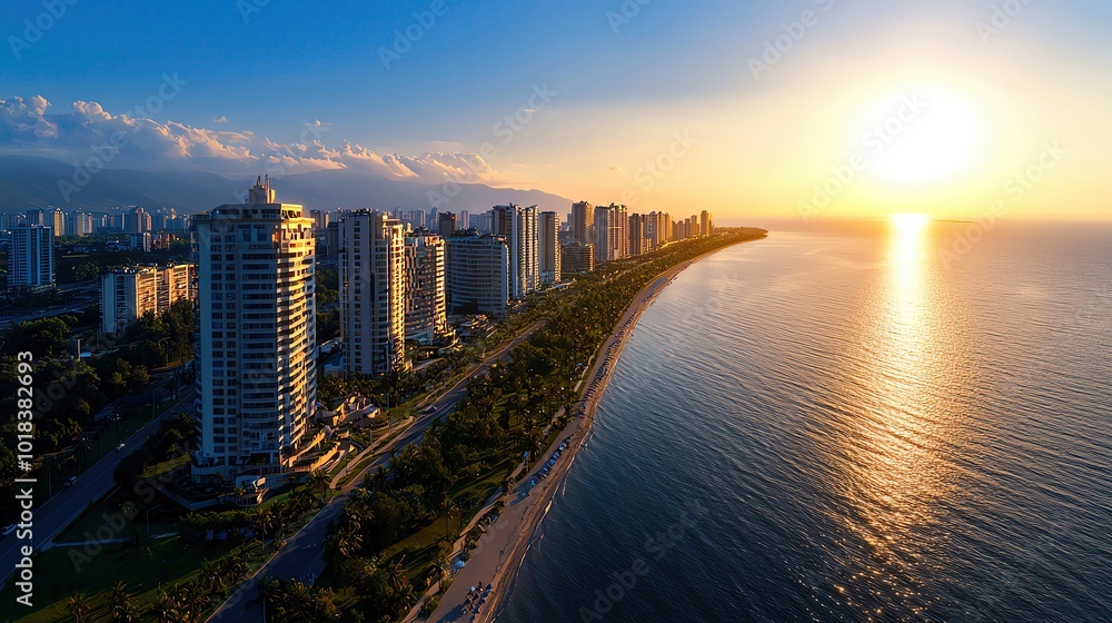 Realistic photo of a coastal city with tall buildings lining the ...