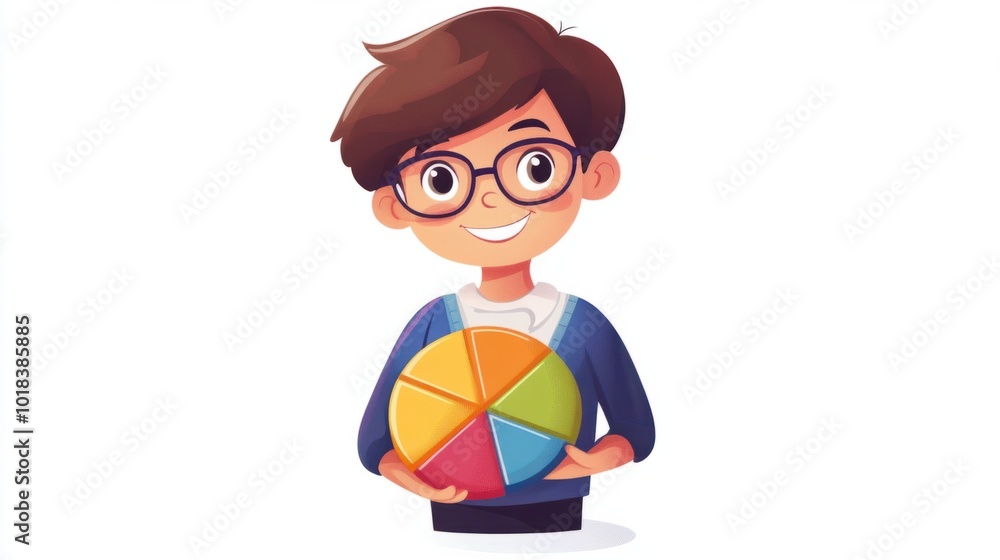 Cute cartoon data analyst holding pie charts and wearing glasses ...