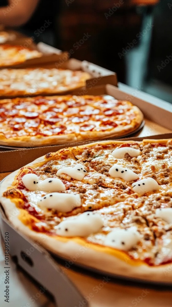 Family creating spooky Halloween-themed pizzas with pumpkin-shaped ...