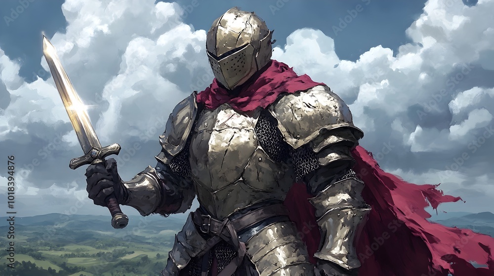 Proud and Resolute Medieval Knight in Gilded Armor Raises Shimmering ...