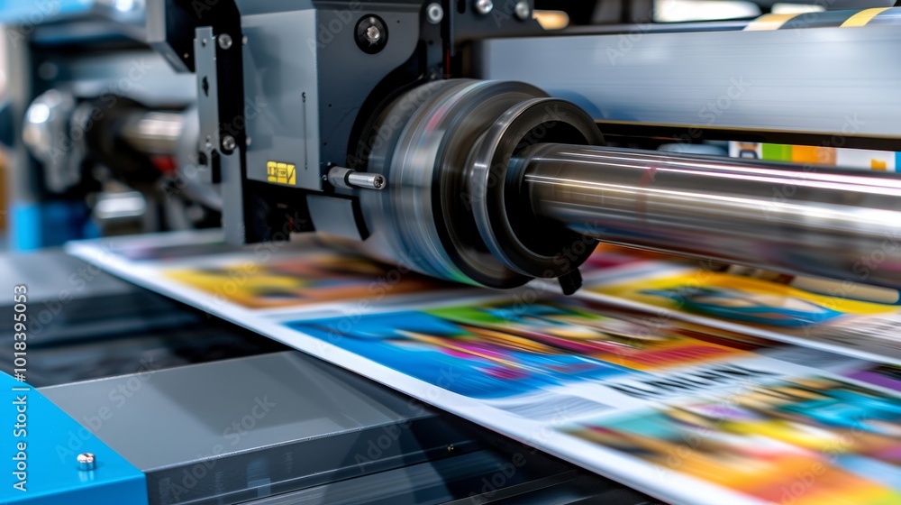 Polygraphy And Printing Press A Detailed Image Of An Industrial Printing Press In Action Stock