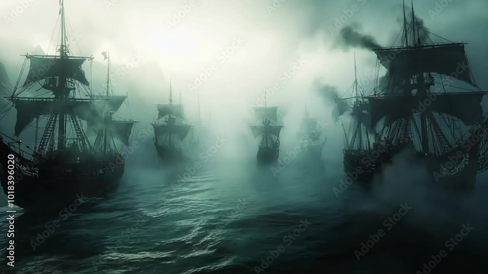 Ghostly pirate ships emerging from misty waters at dawn, capturing ...