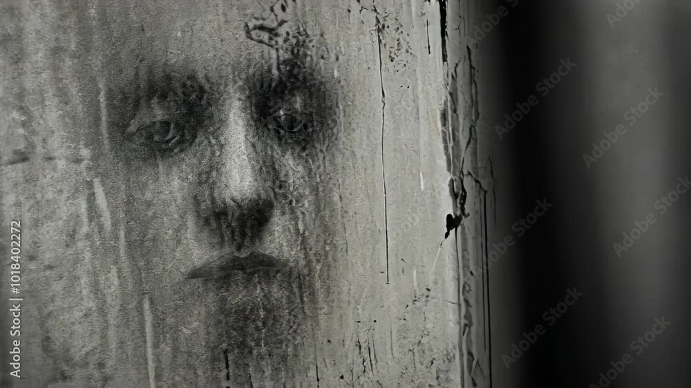 Eerie face emerging from misty wall, transforming from blur to lifelike ...