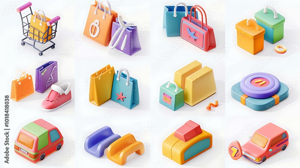 Colorful 3D shopping icons showcasing different retail methods ...