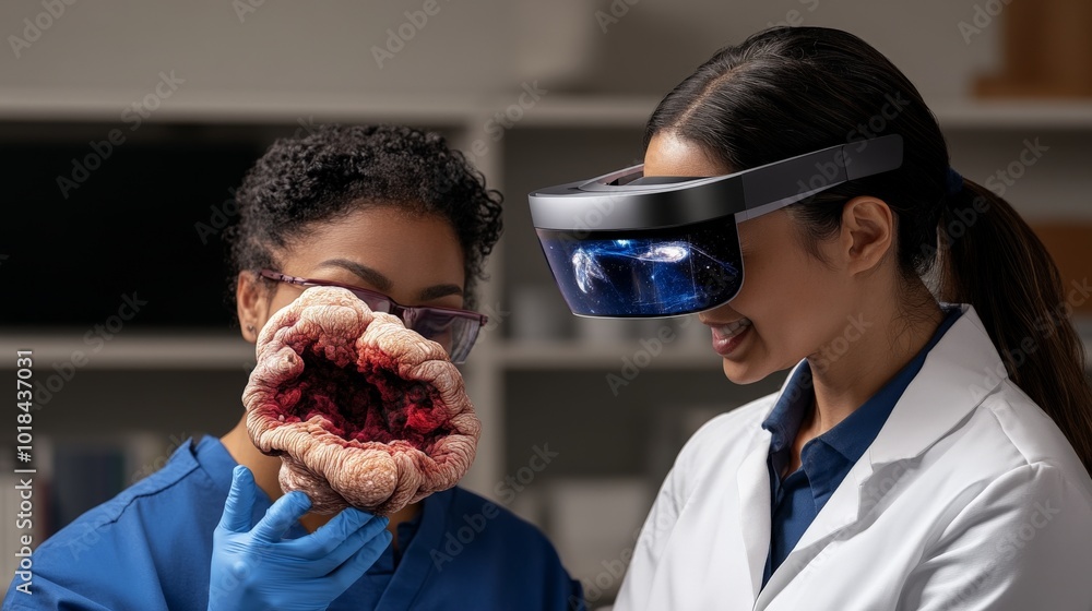Medical VR Training: Two female doctors, one using a VR headset and the ...