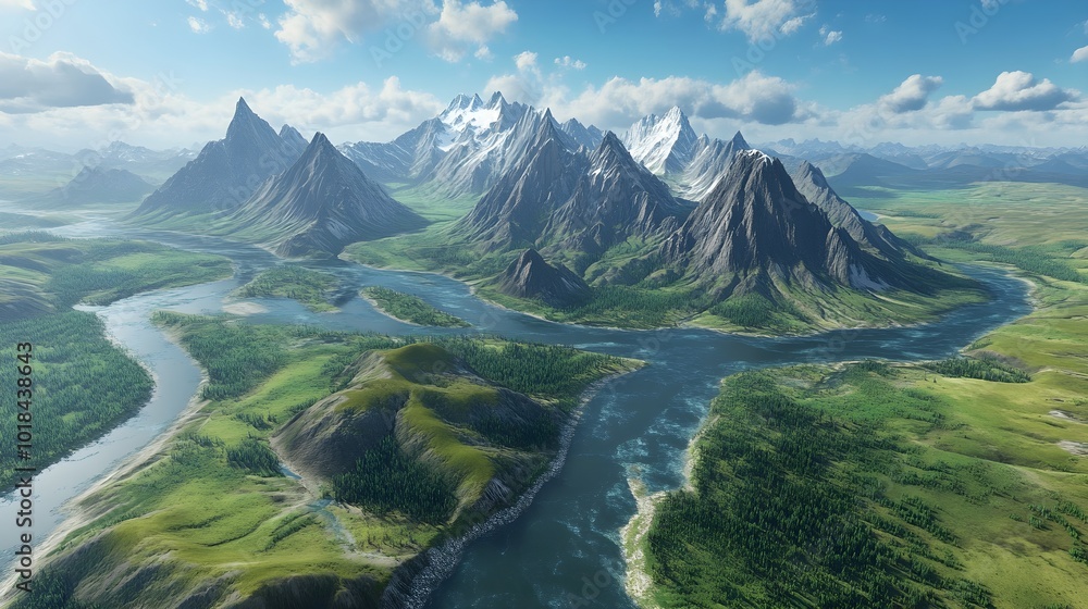 A stunning 3D landscape with towering mountains and flowing rivers that ...
