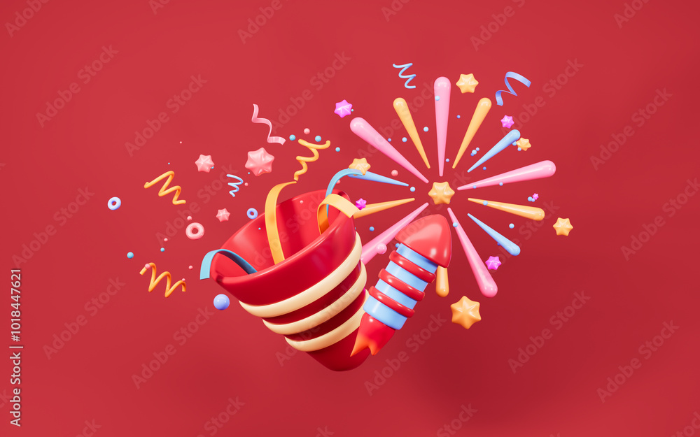 Cartoon firecracker and rocket with explosion confetti. Birthday ...
