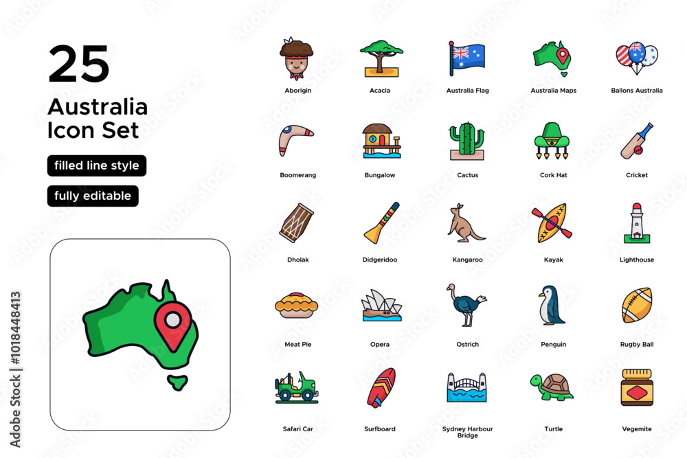 Australia Filled Line Icon Set: Landmarks, Wildlife, Culture, and ...