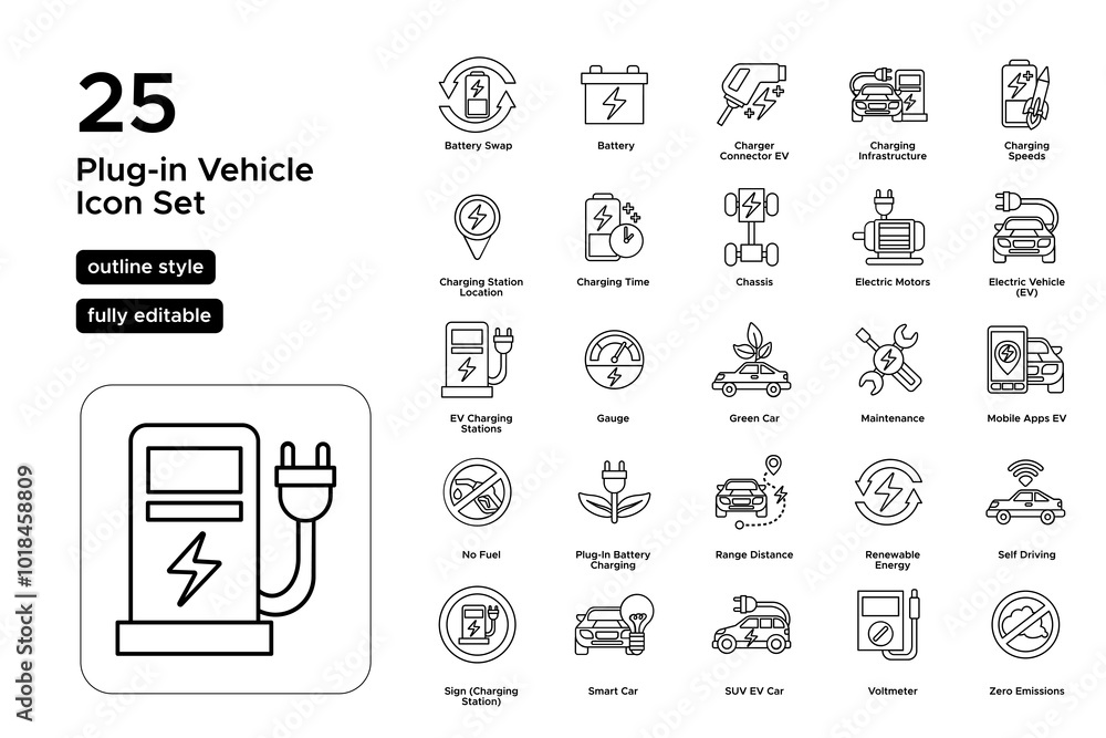 Plug-in Vehicle Line Icon Set: Electric Charging Ports, Green Mobility ...