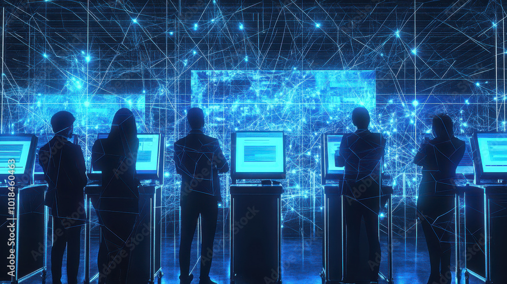 Tech-Inspired Wireframe Illustration of Voters at Polling Stations with ...