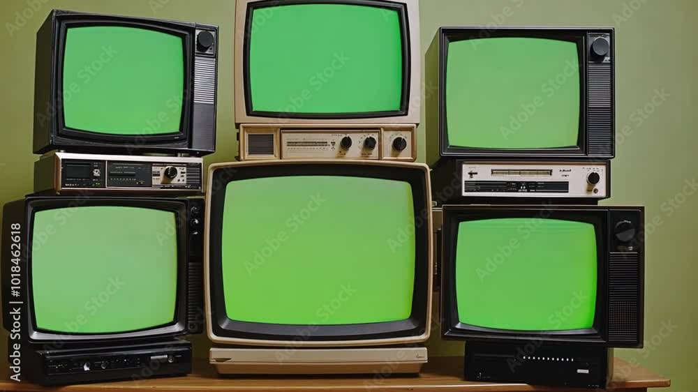 Ten Old TVs turning on Green Screens, Stacked Vintage Tvs Turning On ...