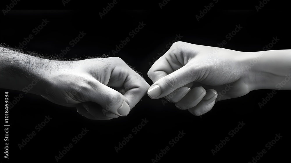 Closeup black and white image of two hands with interlocked fingers in ...