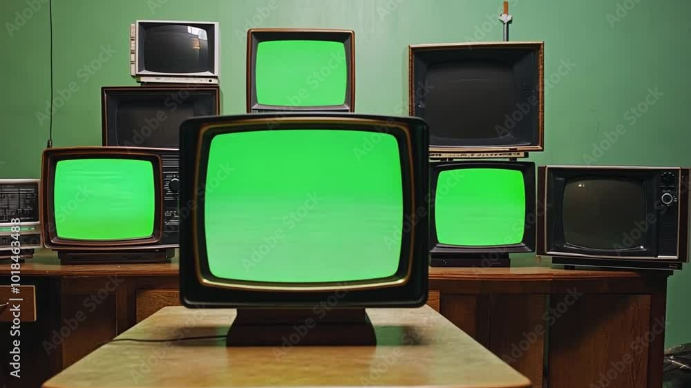 Ten Old TVs turning on Green Screens, Stacked Vintage Tvs Turning On ...