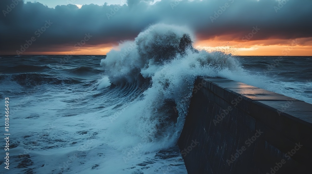 Raging waves crashing against a seawall representing the endless battle ...