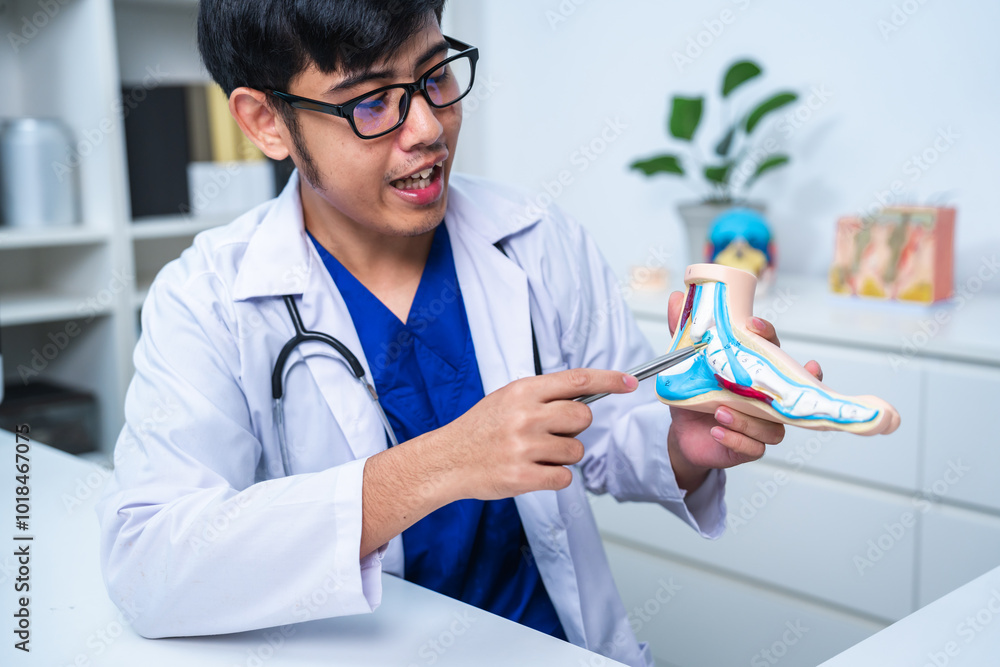 Professional Podiatrist doctor diagnose foot during medical examination ...