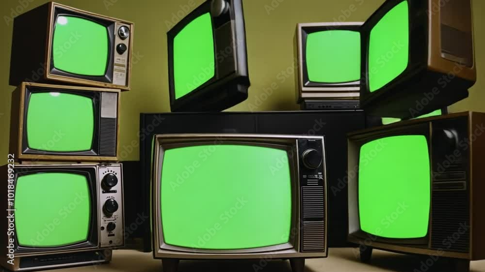 Ten Old TVs turning on Green Screens, Stacked Vintage Tvs Turning On ...