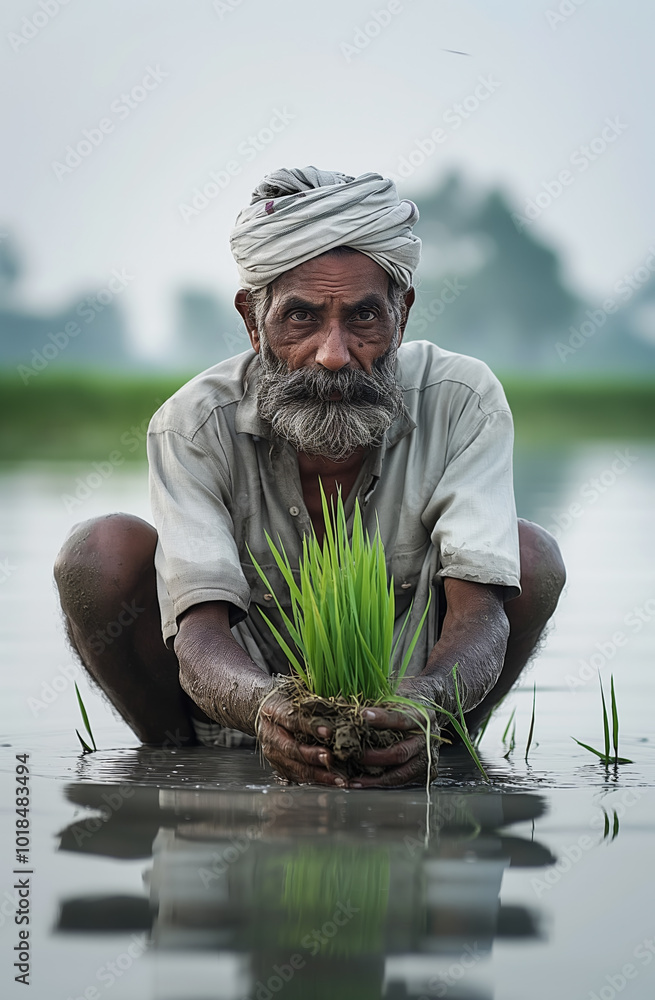 Indian Farmer Planting Rice Seedlings in Water, Showcasing Traditional ...