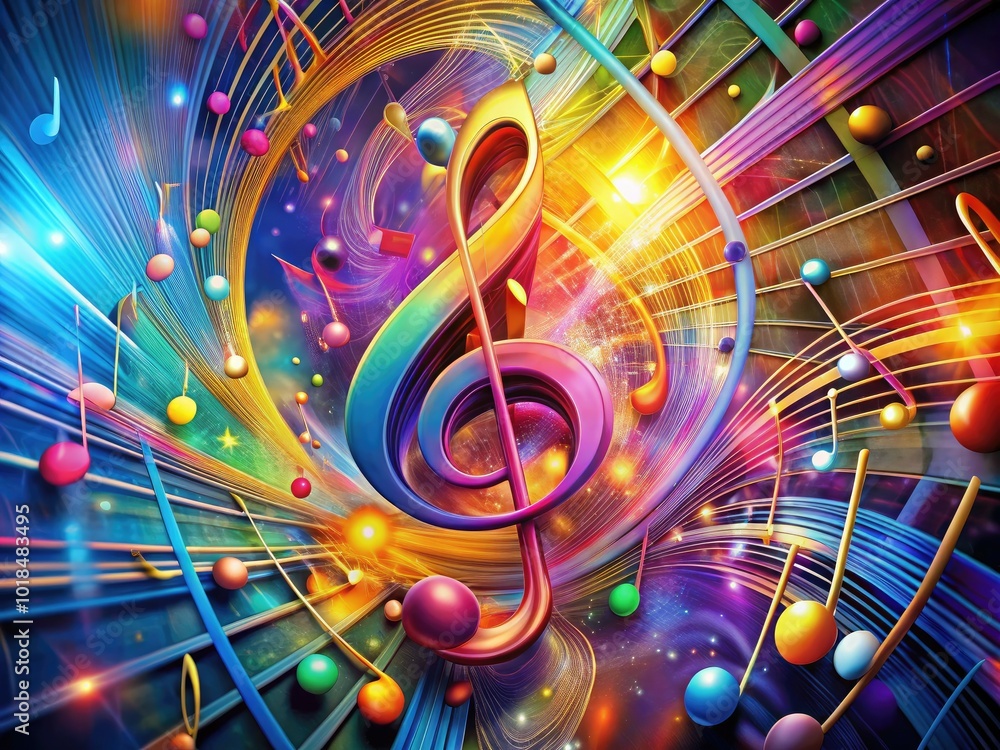 Dynamic music symbolism features notes, clefs, and abstract shapes ...