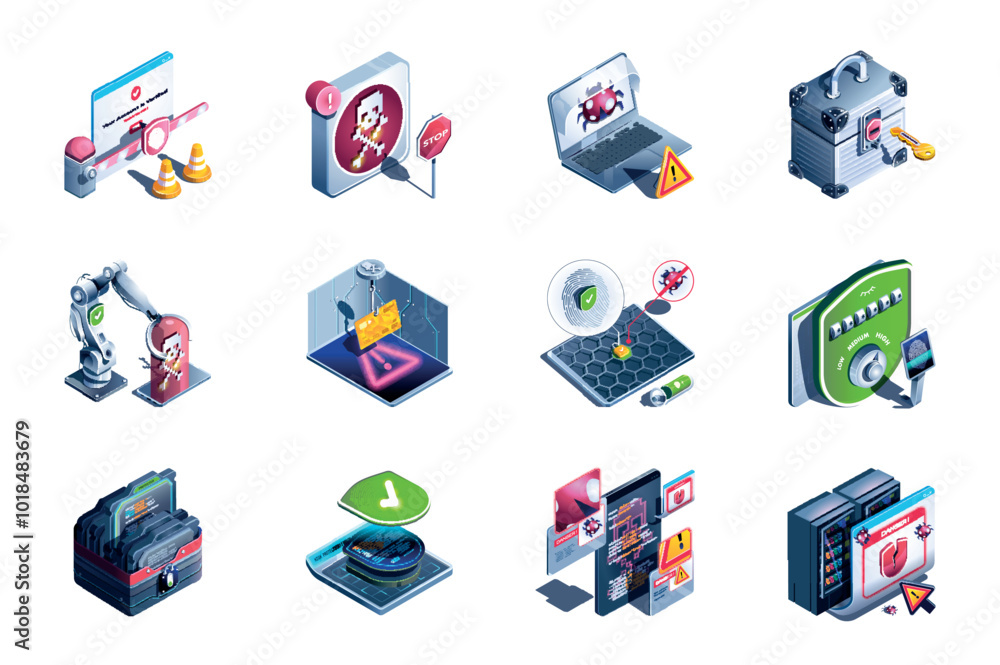 Cyber security web concept of 3d isometric icons set in isometry design. Firewall shield, stop ...