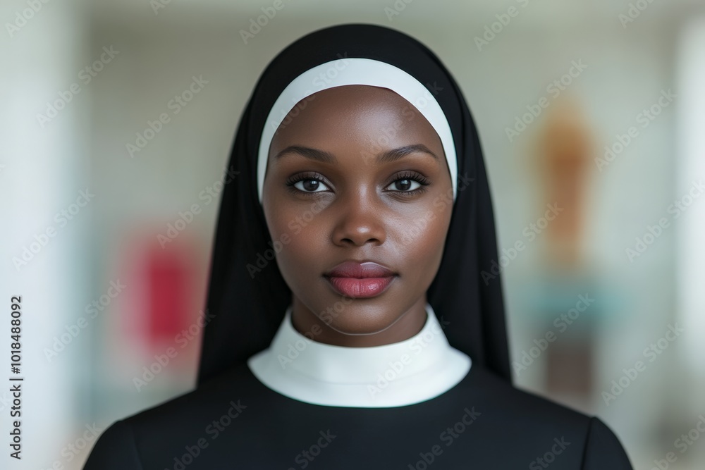 Portrait of a young nun wearing a black and white habit, looking ...